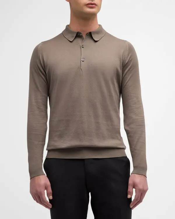 John Smedley Solid Long-Sleeve Polo Shirt - Beige Musk